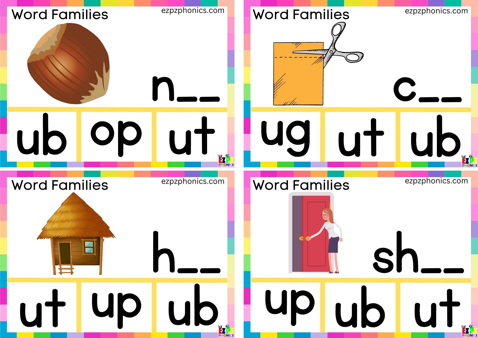 Finish the word and clip the correct letters Word Family ut group 1 - ezpzphonics.com